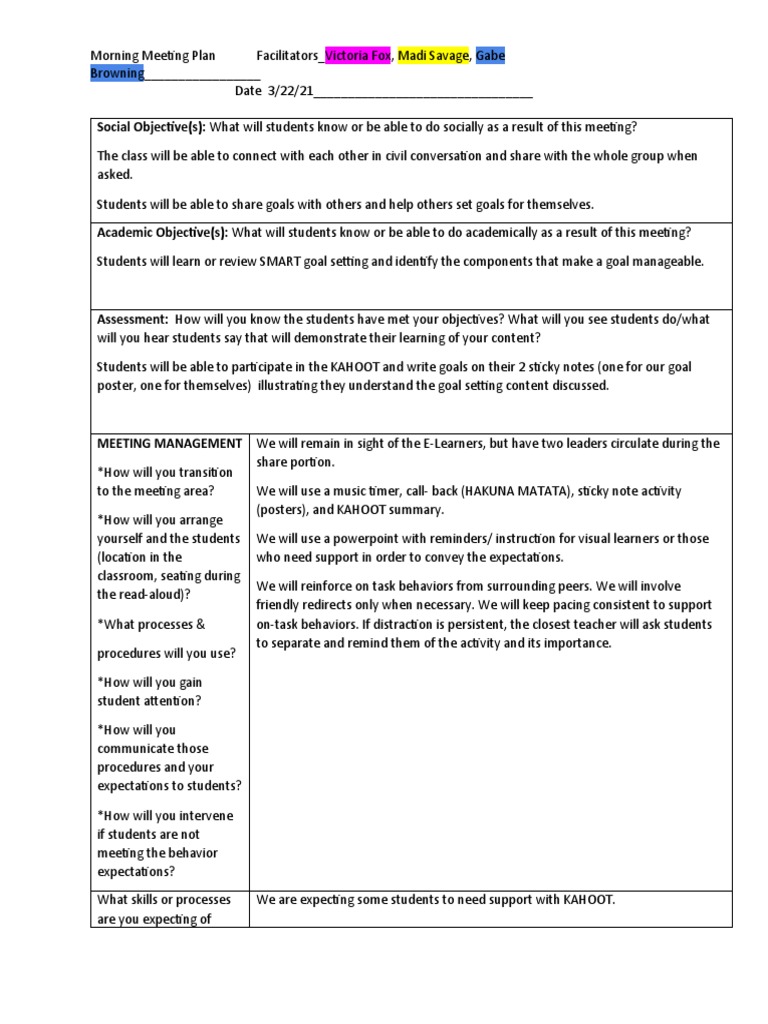 Morning Meeting Planning Template Fall 2020 | PDF | Goal | Teaching