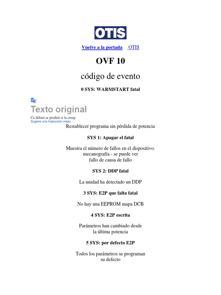 Codigos de Fallas de Otis Ovf10 | PDF | Ingenieria Eléctrica | Naturaleza