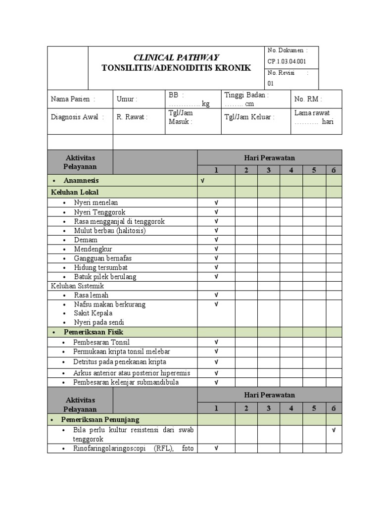 Clinical Pathway THT Tonsilitis Adenoiditis Kronik | PDF