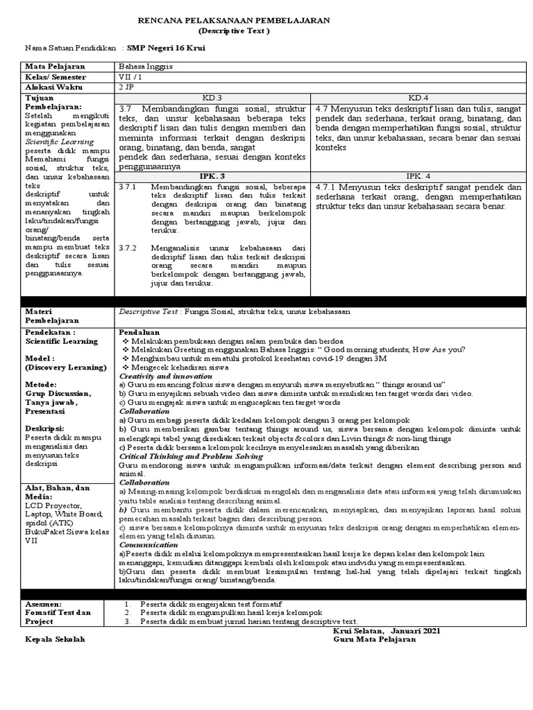 RPP Descriptive Text Kelas VII SMP | PDF
