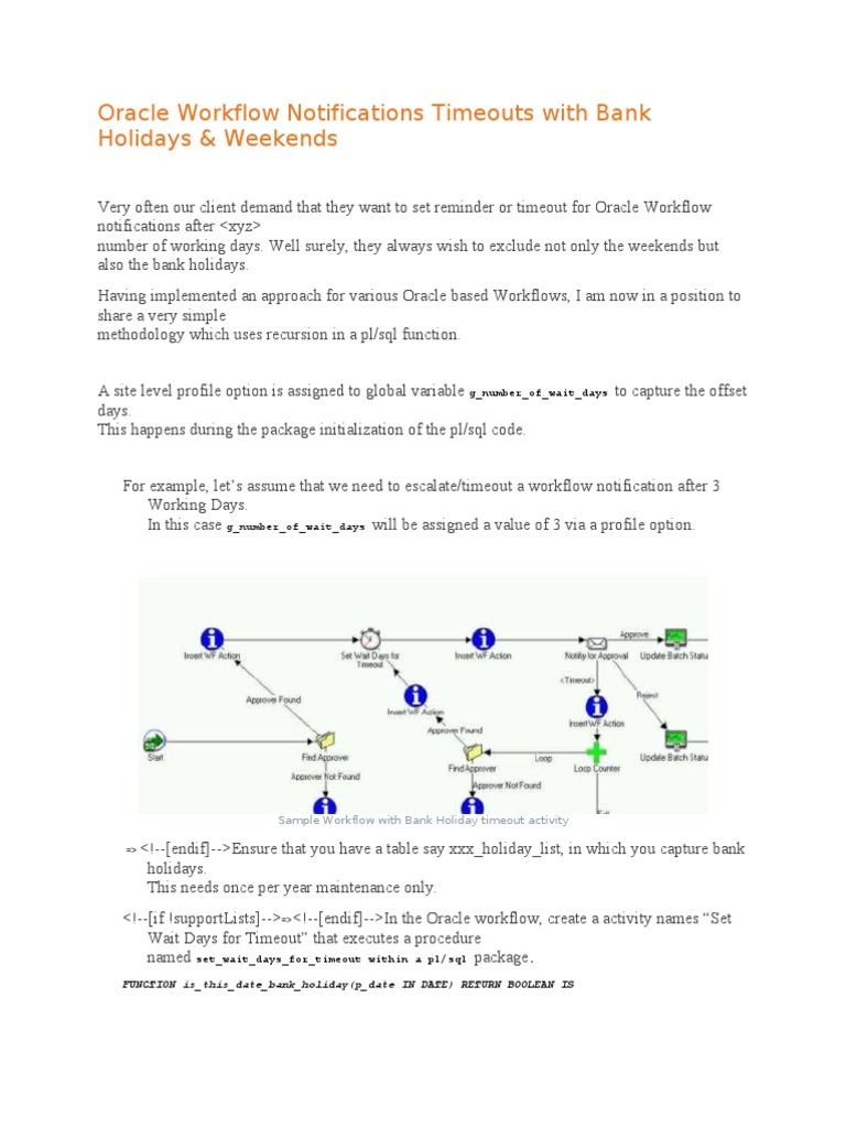 Oracle Workflow Notifications Timeouts With Bank Holidays | PDF | Pl/Sql | Subroutine