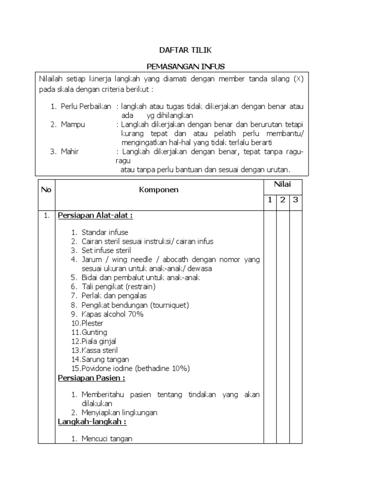 DAFTAR TILIK Infus, Kateter, NGT | PDF