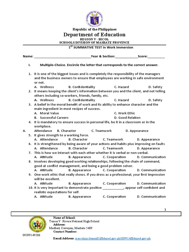 Work Immersion-1st Summative T | PDF | Confidentiality | Conflict Resolution