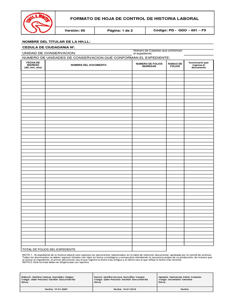 Hoja De Registro De Control Manual Inicio
