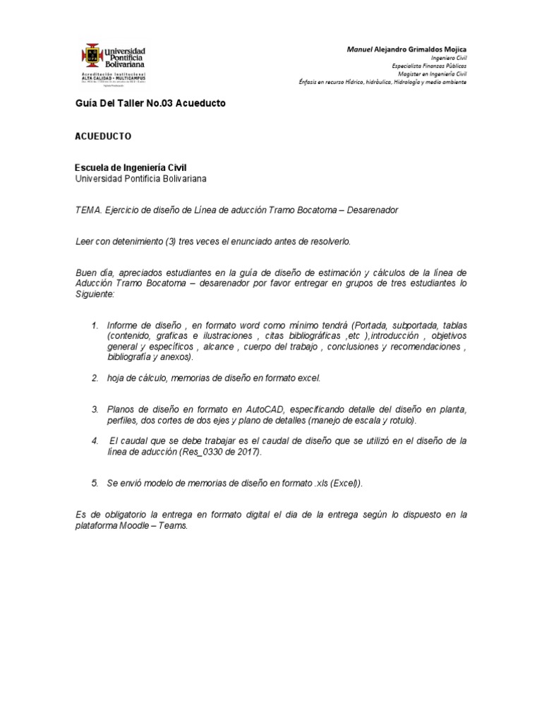 Taller No.03 - Diseño de Lineas de Conducciòn - UPB - Moodle - 2020 ...