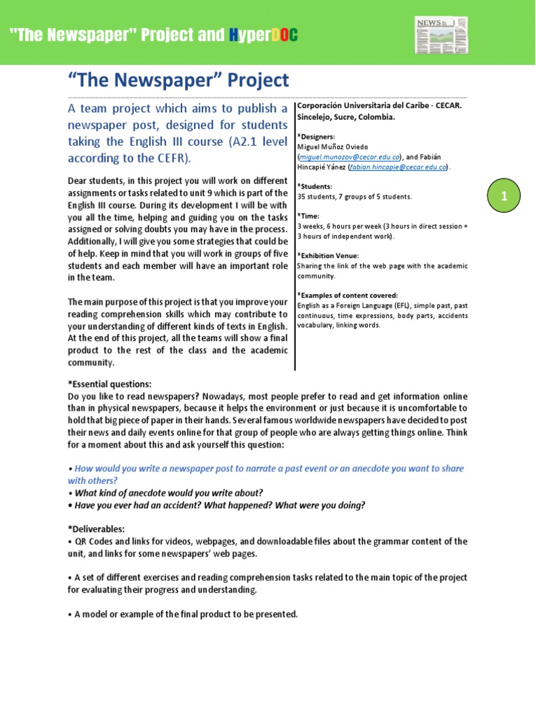 The Newspaper - Project and HyperDoc | PDF | Reading Comprehension | Linguistics