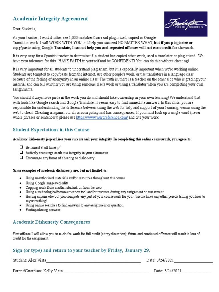 Academic Integrity Agreement | PDF | Plagiarism | Academic Integrity