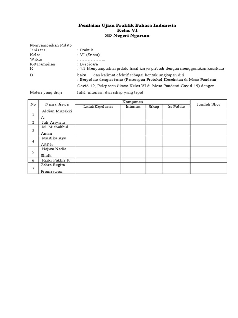 Penilaian Ujian Praktik Bahasa Indonesia | PDF