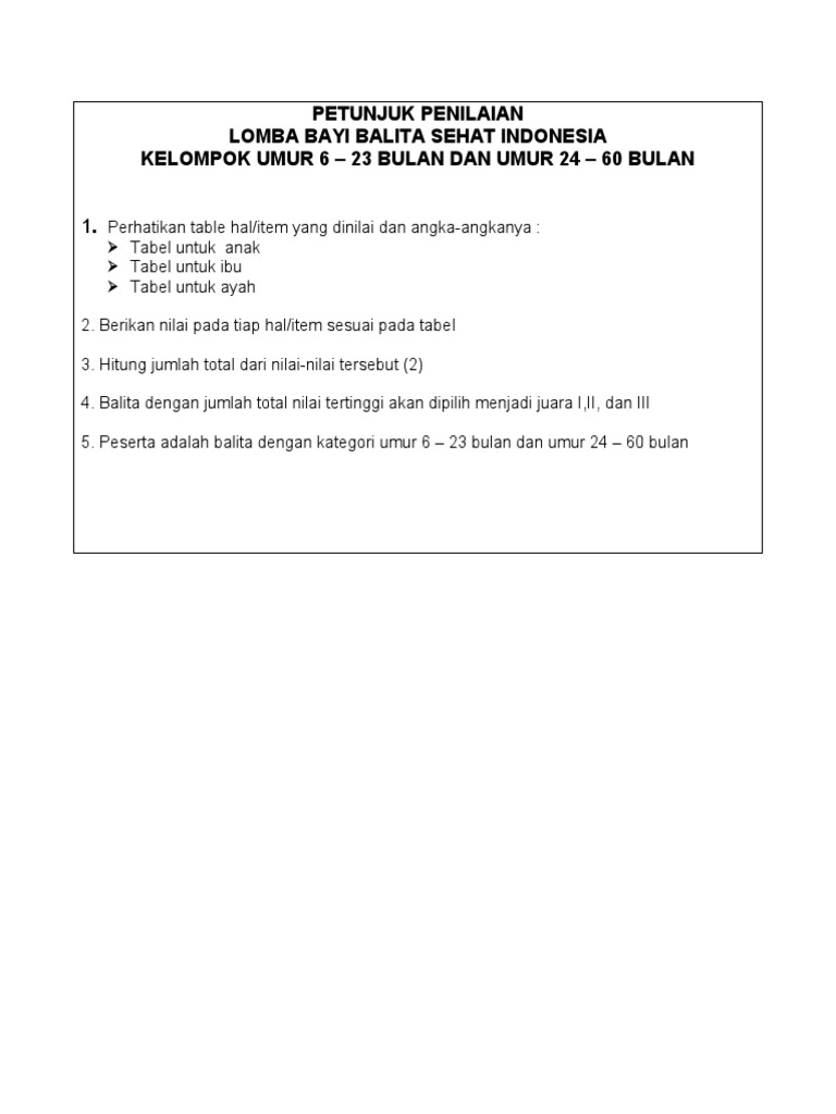 Petunjuk Penilaian Lomba Balita Sehat Indonesia | PDF Petunjuk Penilaian Lomba Balita Sehat Indonesia | PDF