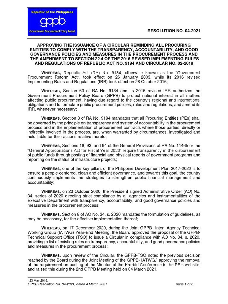 GPPB Resolution No. 04-2021 and Circular No. 01-2021.wid SGD | PDF | Governance | Procurement