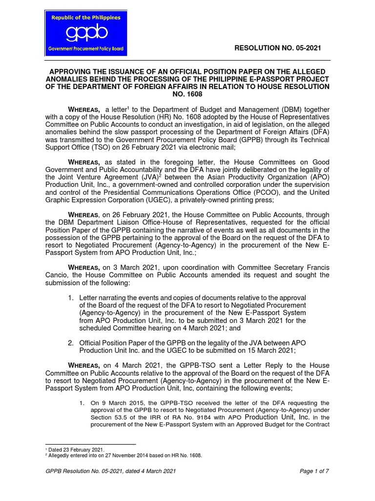 GPPB Resolution on E-Passport Anomalies | PDF | Fiscal Year | Procurement