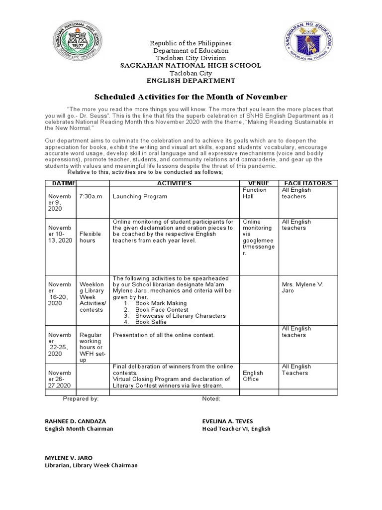 Activity Proposal For The Reading Month 2020 | PDF