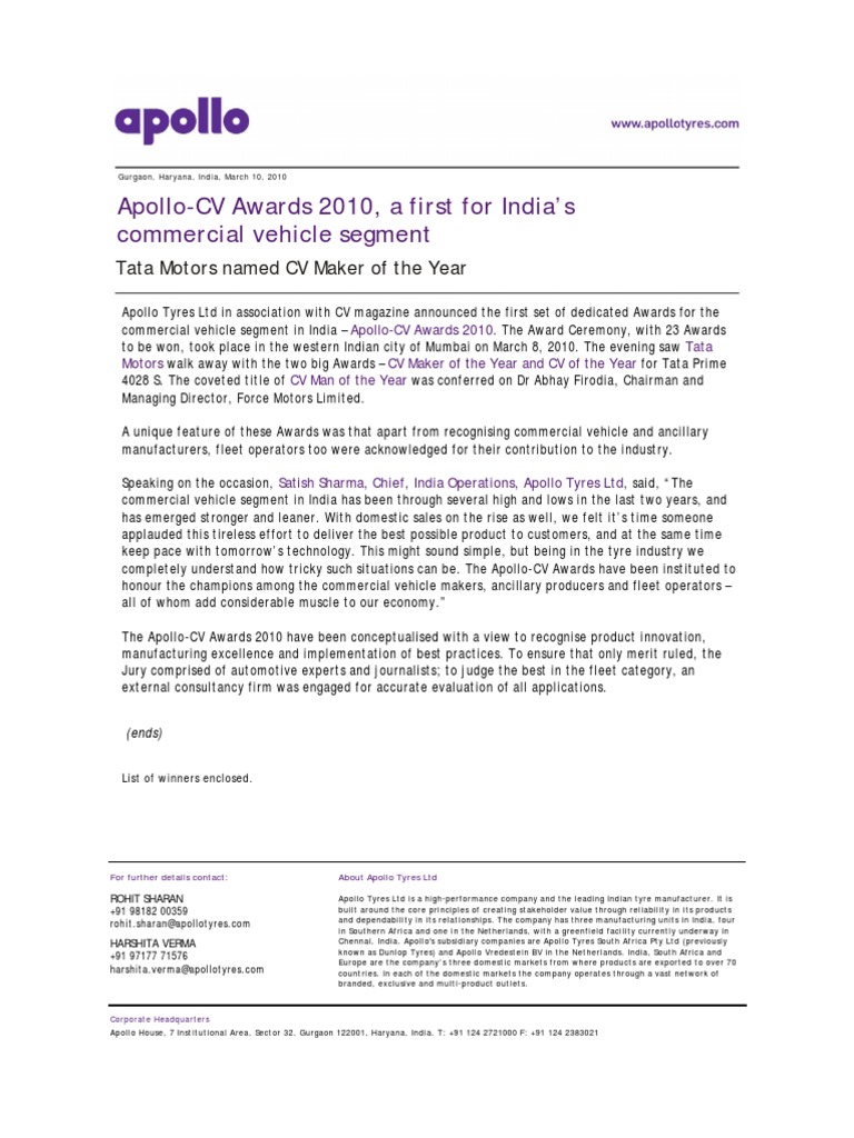 Apollo-Cv-Awards 2010-Winners | PDF | Bus | Tire