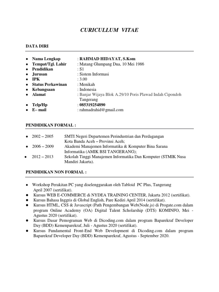 CV Lamaran Kerja Rahmad Hidayat | PDF