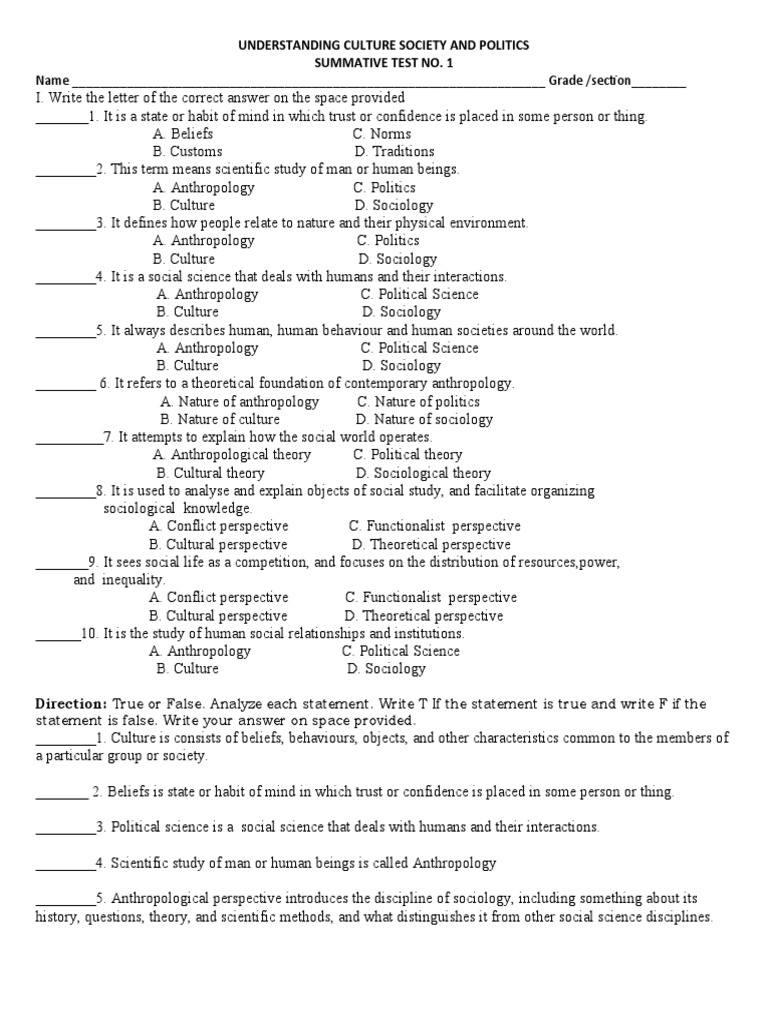 Understanding Culture Society and Politics Summative Test and ...