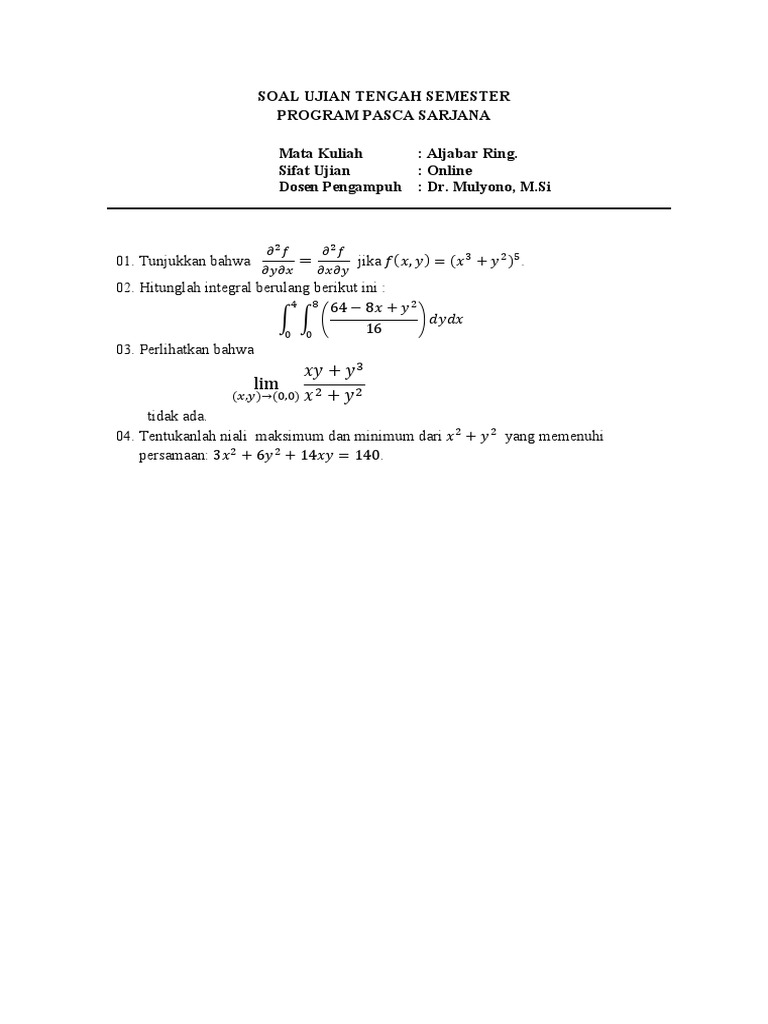 Soal Uts Kalkulus Lanjut - 2021 PDF | PDF