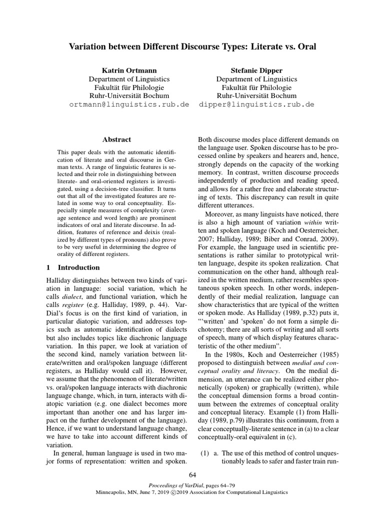 Variation Between Different Discourse Types: Literate vs. Oral | PDF ...