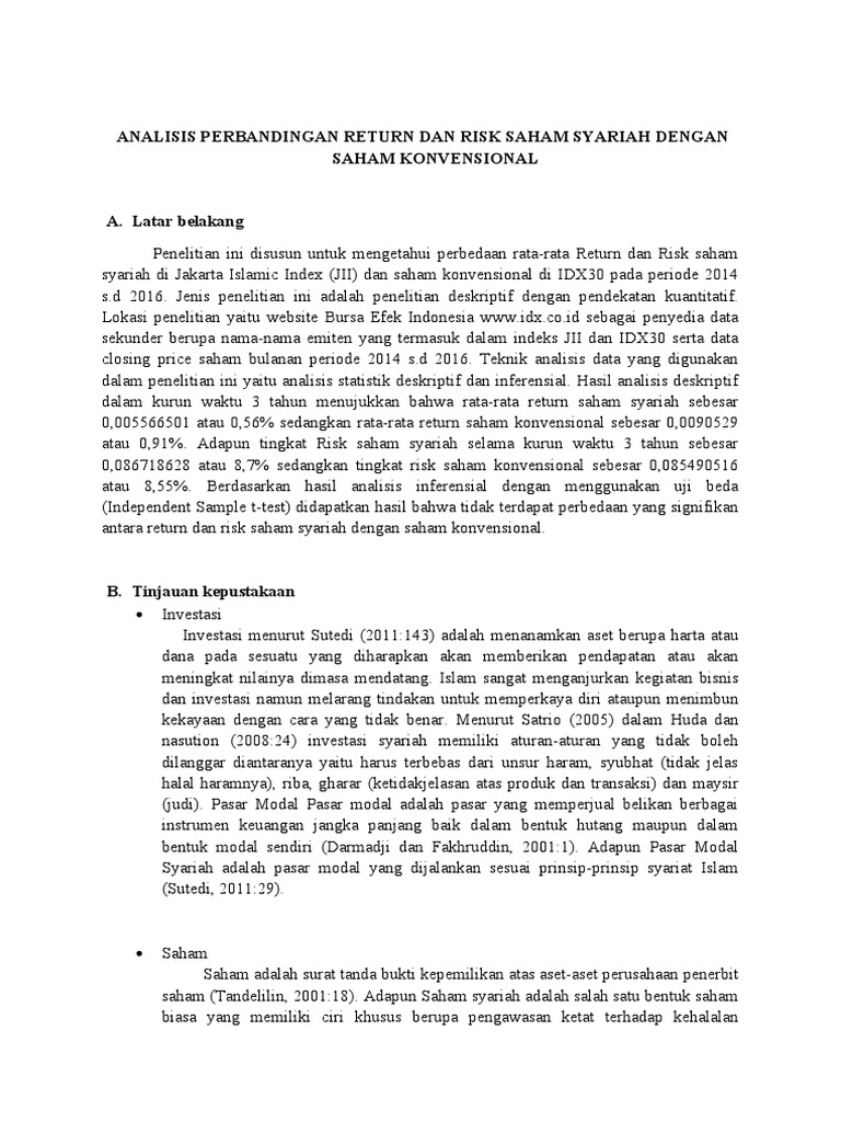 Analisis Perbandingan Return Dan Risk Saham Syariah Dengan Saham Konvensional | PDF