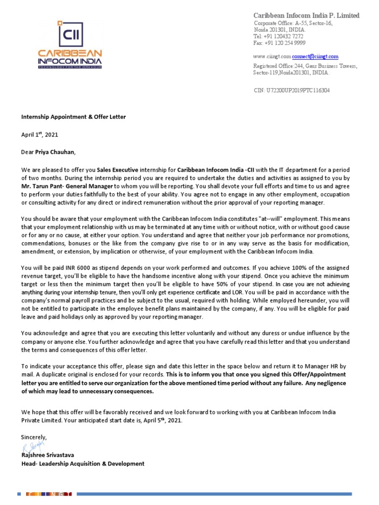 Priya Chauhan Offer Letter PDF | PDF | Employment | Labor