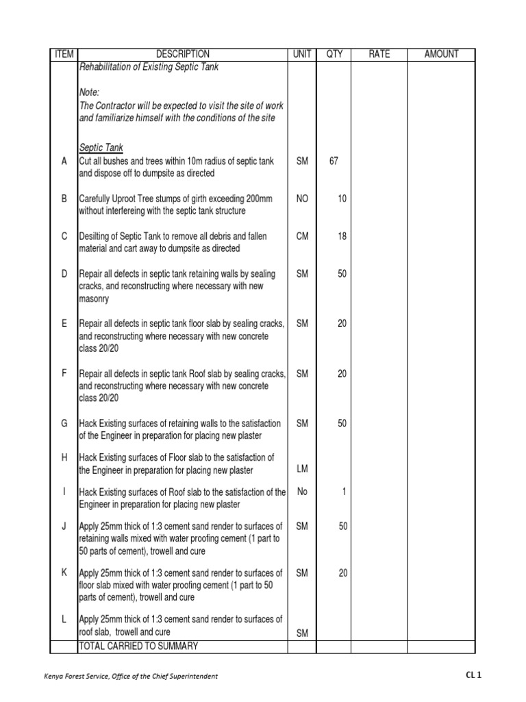 Bills of Quantities For Rehabilitation of Existing Septic Tank | PDF ... Bills of Quantities For Rehabilitation of Existing Septic Tank | PDF ...