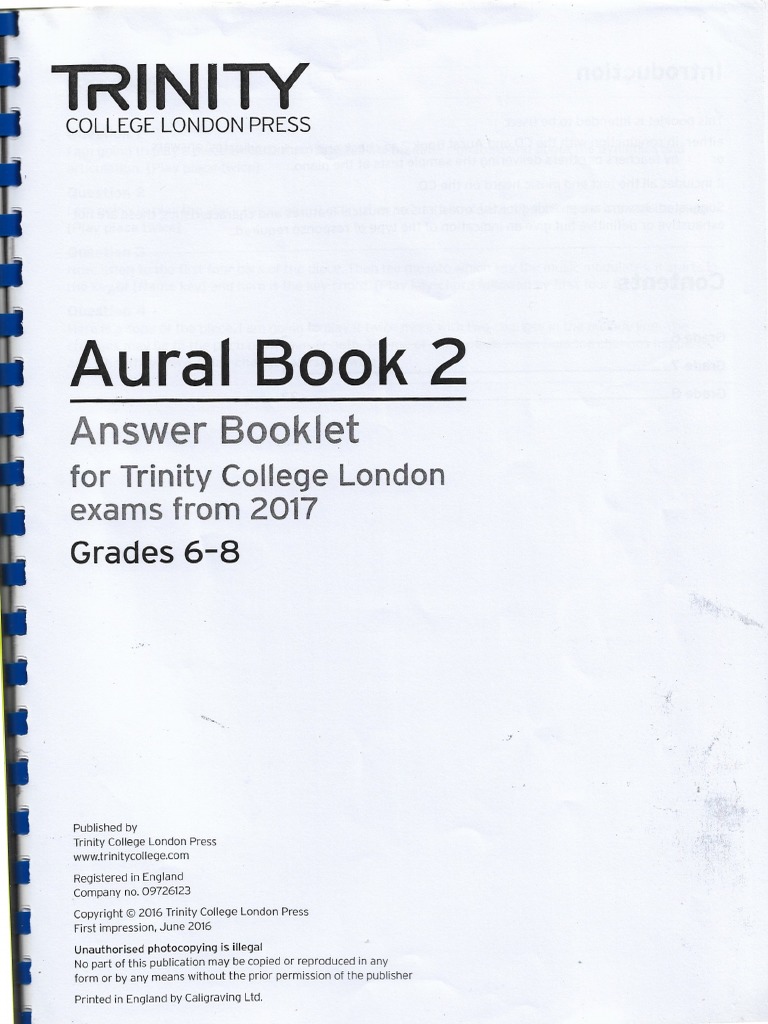 Trinity G.C.Press - Aural Book 2. Grades 6-8 Answer Booklet (From2017 ...