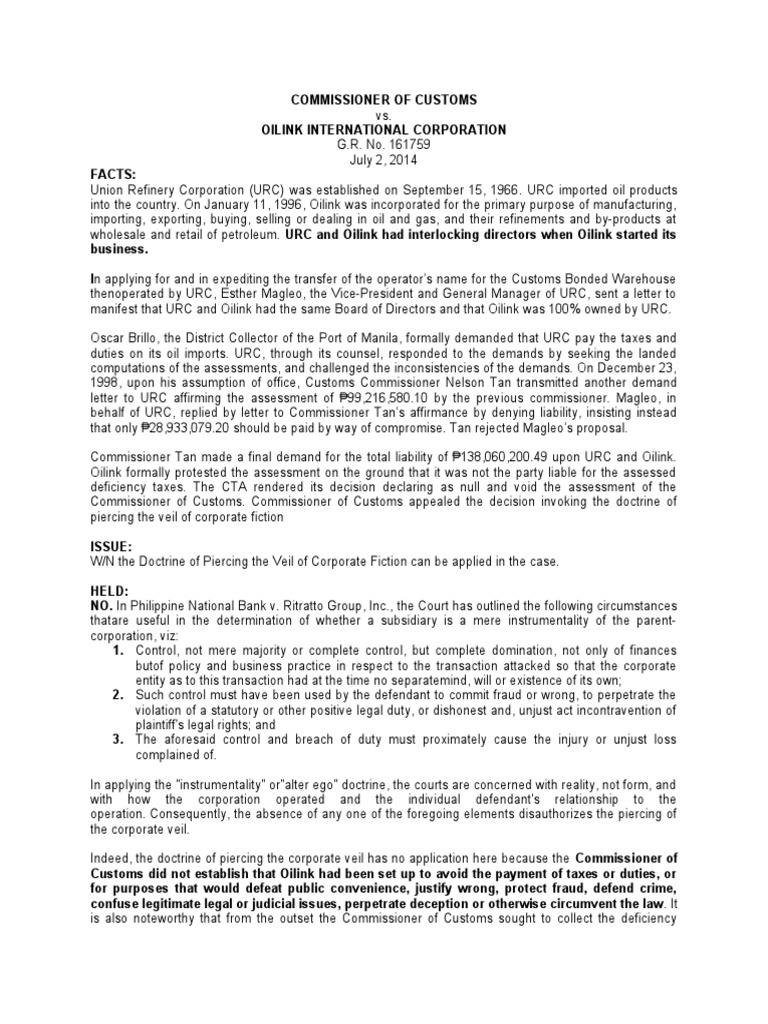 Commissioner of Cutoms VS Oilink International | PDF | Piercing The ...