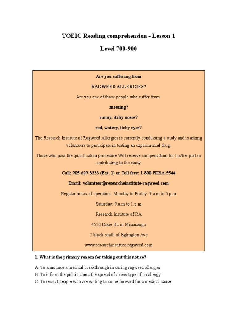 Toeic Reading Comprehension Test 1 Level 700 901 | PDF | Allergy | Mail