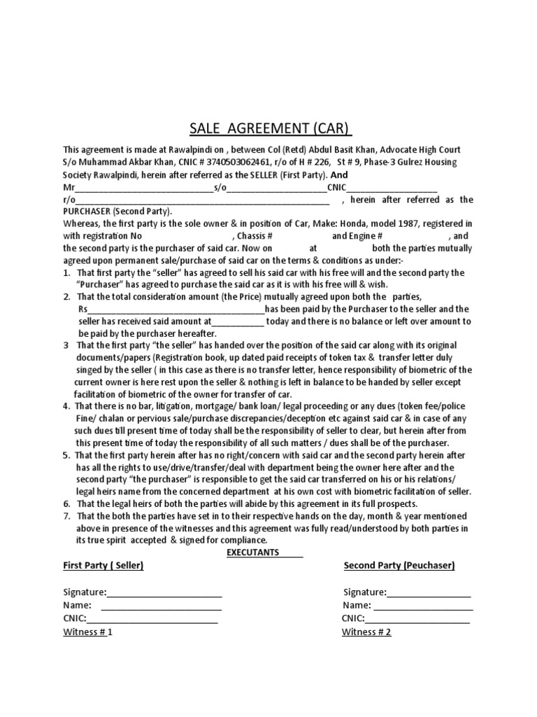 Car Sale Agreement | PDF | Economies | Business