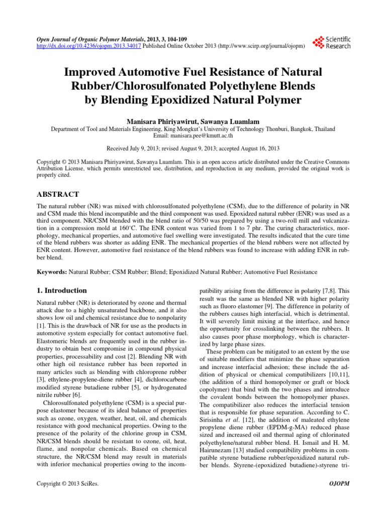 Improved Automotive Fuel Resistance of Natural Rubber/Chlorosulfonated ...