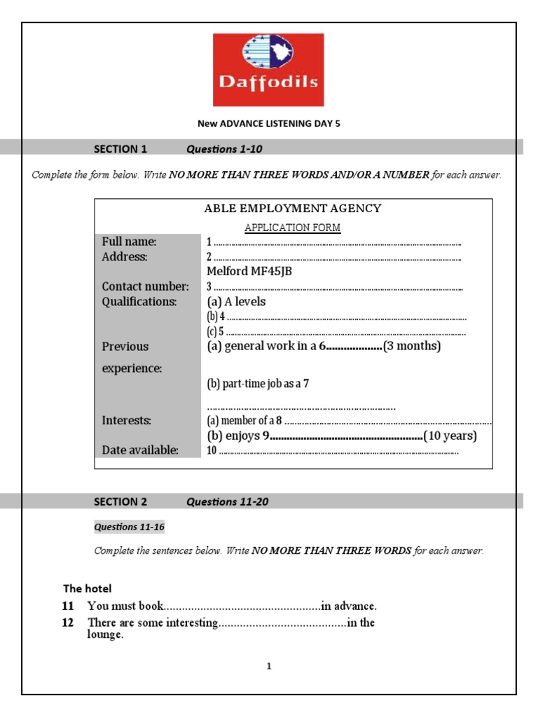 Questions 1-10: Complete The Form Below. Write NO MORE THAN THREE WORDS AND/OR A NUMBER For Each ...