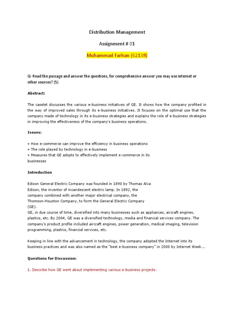 GE Case Study Assignment-1 Distribution 62138 Muhammad Farhan | PDF ...