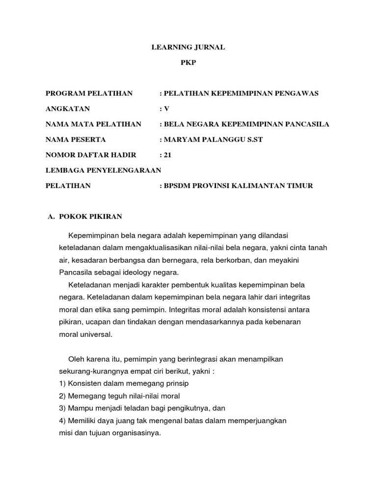 LearningJournal - Bela Negara Kepemimpinan Pancasila - Maryam Palanggu | PDF | Karier ...