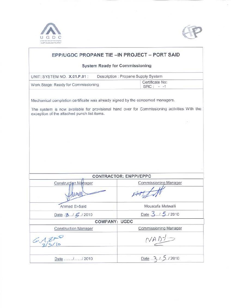 PS Certificate Ready For Commissioning | PDF