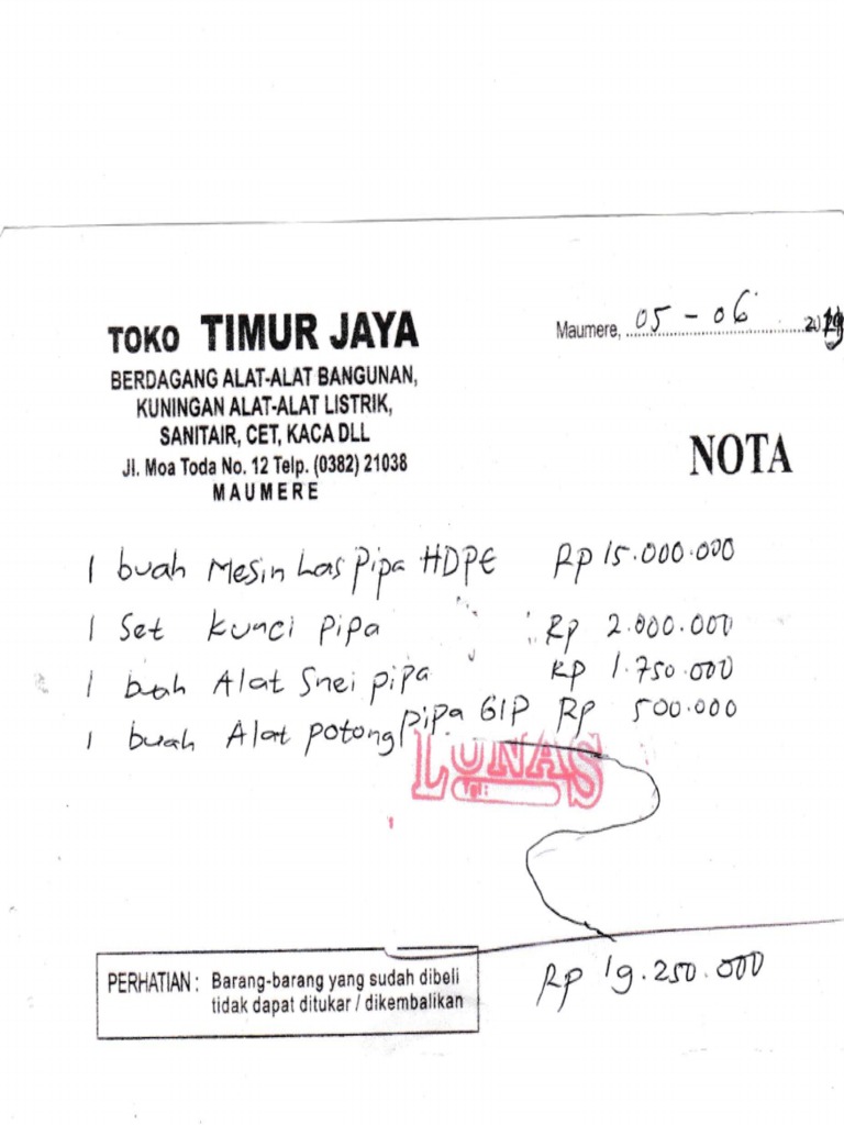 Nota Pembelian Mesin Las Pipa HDPE, Kunci Pipa, Alat Snei Pipa, Dan Alat Potong Pipa GIP | PDF
