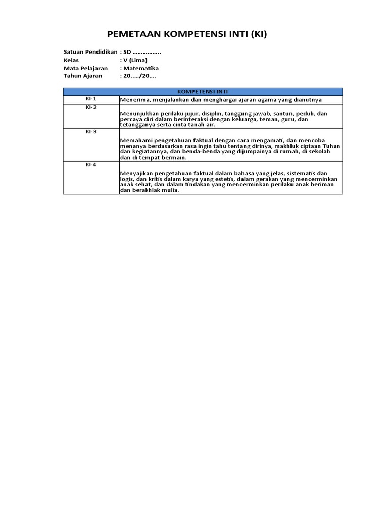 Pemetaan KD Matematika Kelas 5 Kurikulum 2013 Revisi | PDF