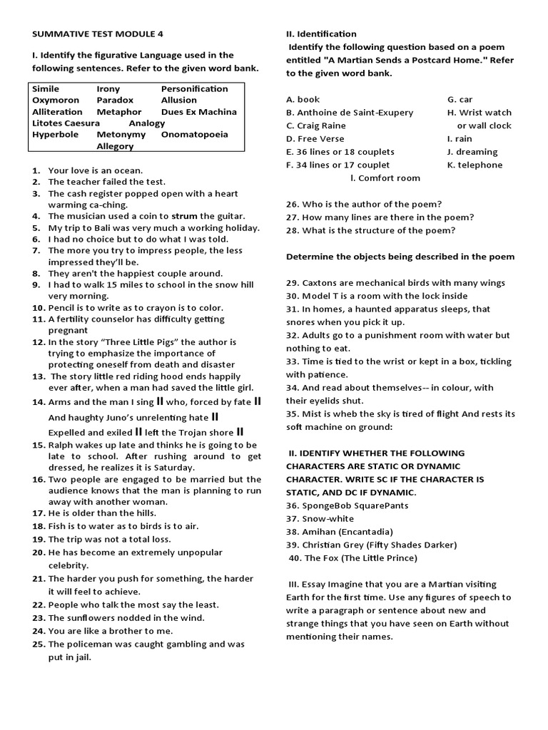 Summative Test Module 4 | PDF | Poetry