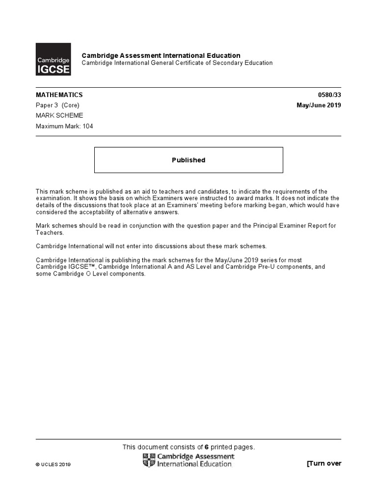 Cambridge IGCSE Math Mark Scheme 2019 | PDF | Teaching Mathematics