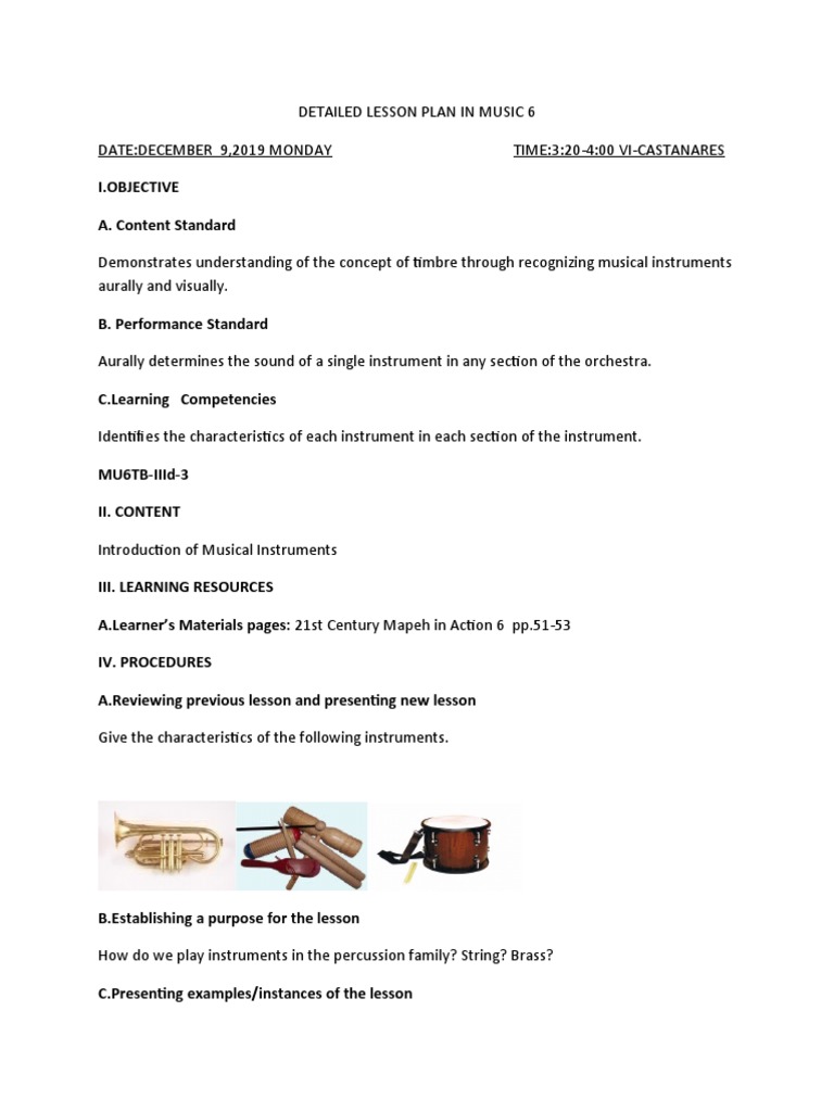 Detailed Lesson Plan in Music Vi Dec 9 | PDF | Musical Instruments ...