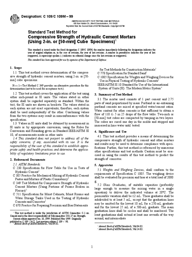 C 109 C 109m Compressive Strength For Hydraulic Cement Mortarspdf | PDF ...