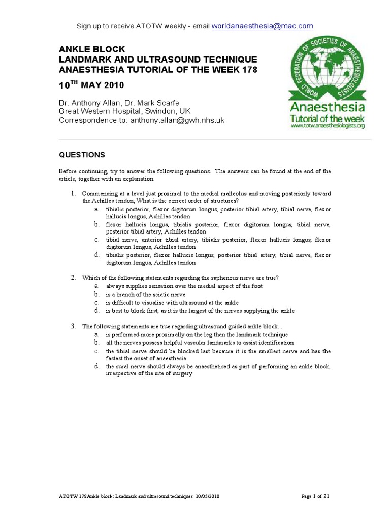 178 Ankle Block Landmark and Ultrasound Techniques LR | PDF | Ankle ...