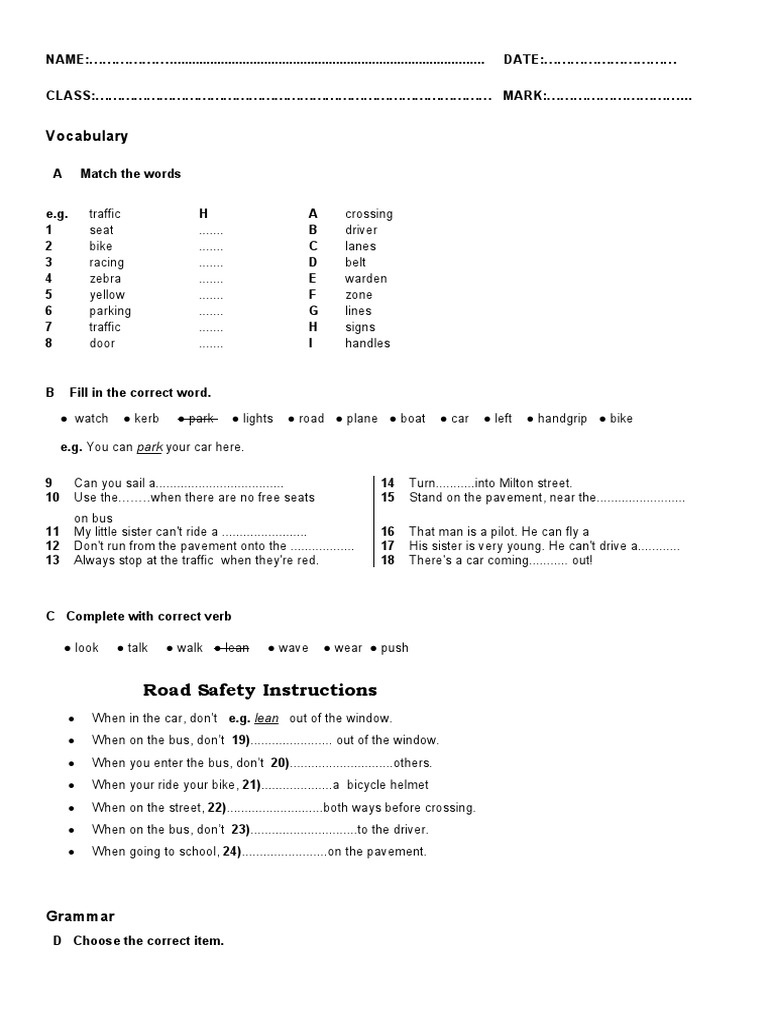 Vocabulary: Road Safety Instructions | PDF | Traffic | Land Transport