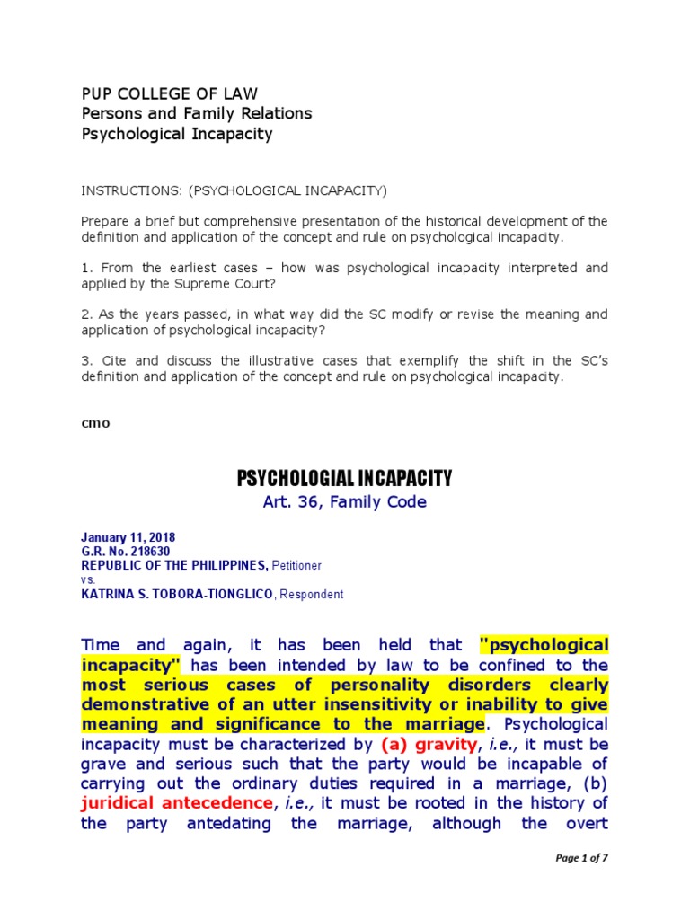 Psychologial Incapacity: Pup College of Law Persons and Family ...