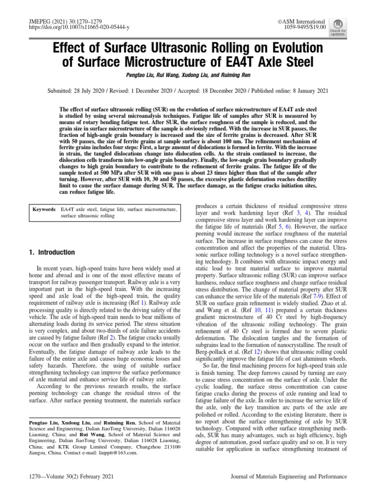 Effect of Surface Ultrasonic Rolling On Evolution of Surface Microstructure of EA4T Axle Steel ...