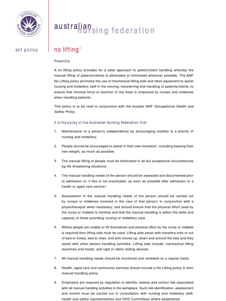 No Lift Policy | PDF | Midwife | Nursing