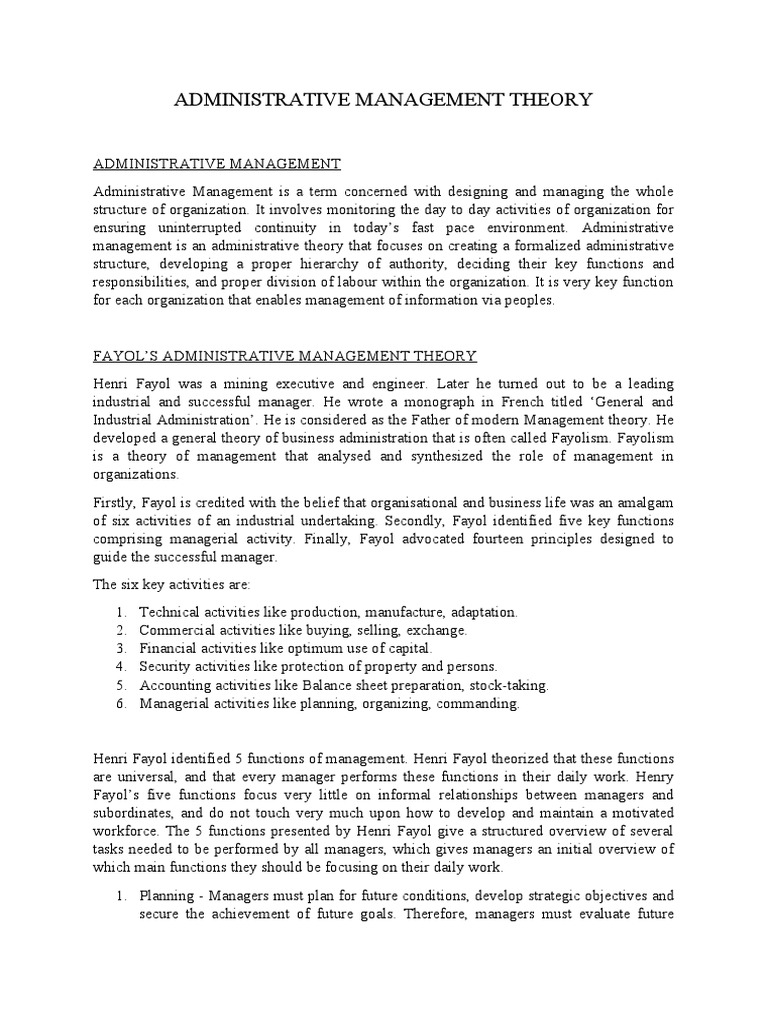 Fayol's Administrative Management Theory | PDF | Employment | Human Nature