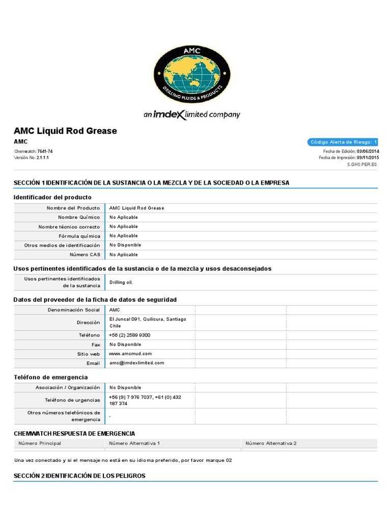AMC Liquid Rod Grease: Ficha de Seguridad | PDF | Contaminación | Agua