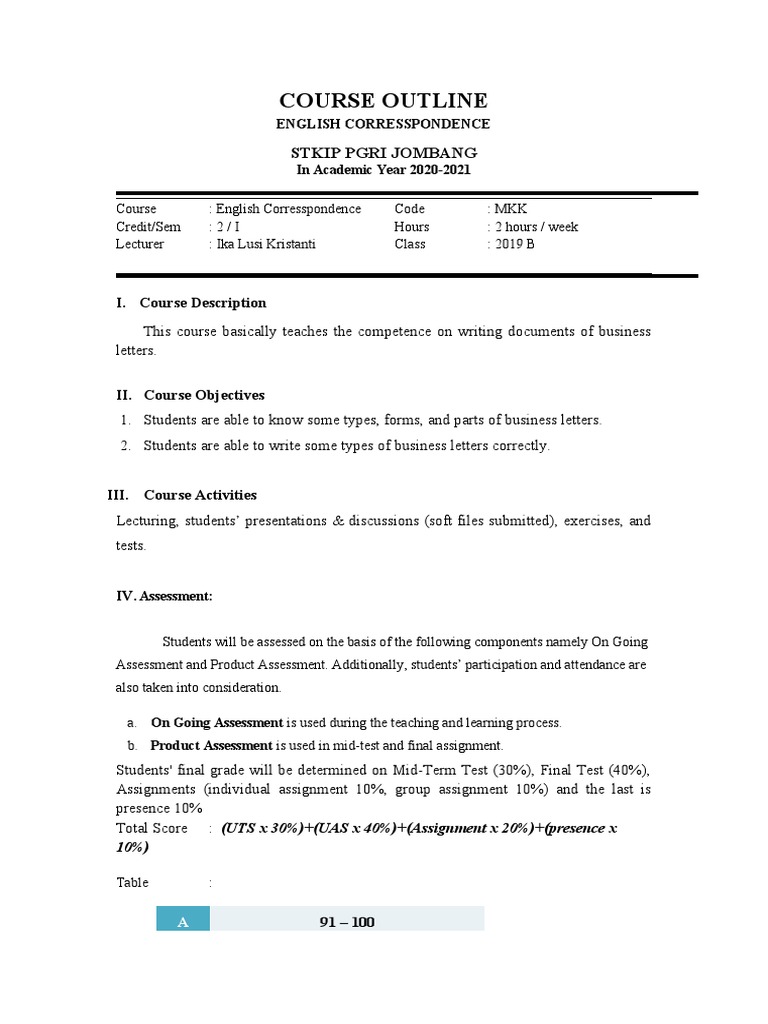 COURSE OUTLINE English Corresspondence | PDF | Pedagogy | Communication
