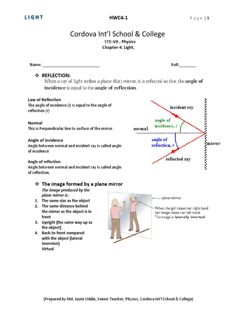 Cordova Int'l School & College: Reflection | PDF | Refraction | Reflection (Physics)