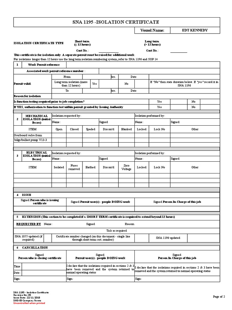 Sna 1195 - Isolation Certificate: Vessel Name | PDF | Manufactured ...