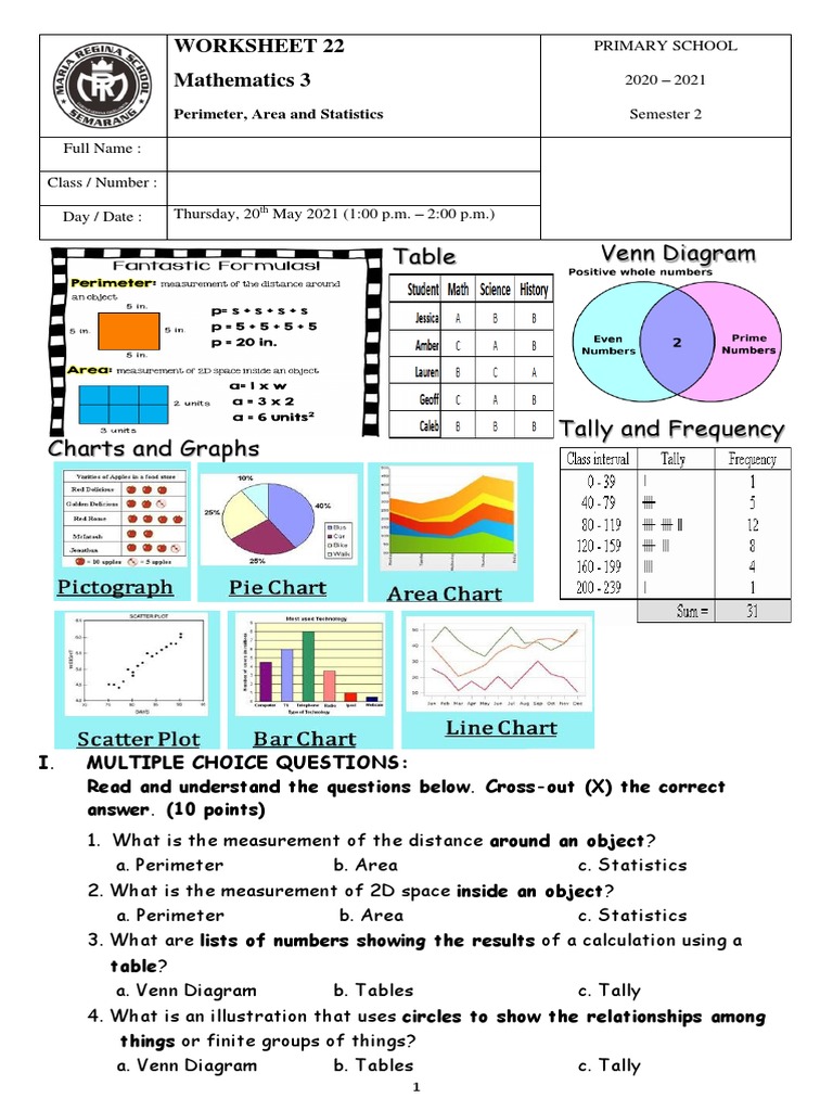 WORKSHEET 22 (P3) - Perimeter, Area and Statistics | PDF | Pie Chart | Area